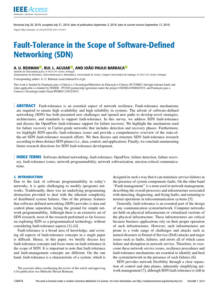 Fault Tolerance In The Scope Of Software Defined Networking Sdn