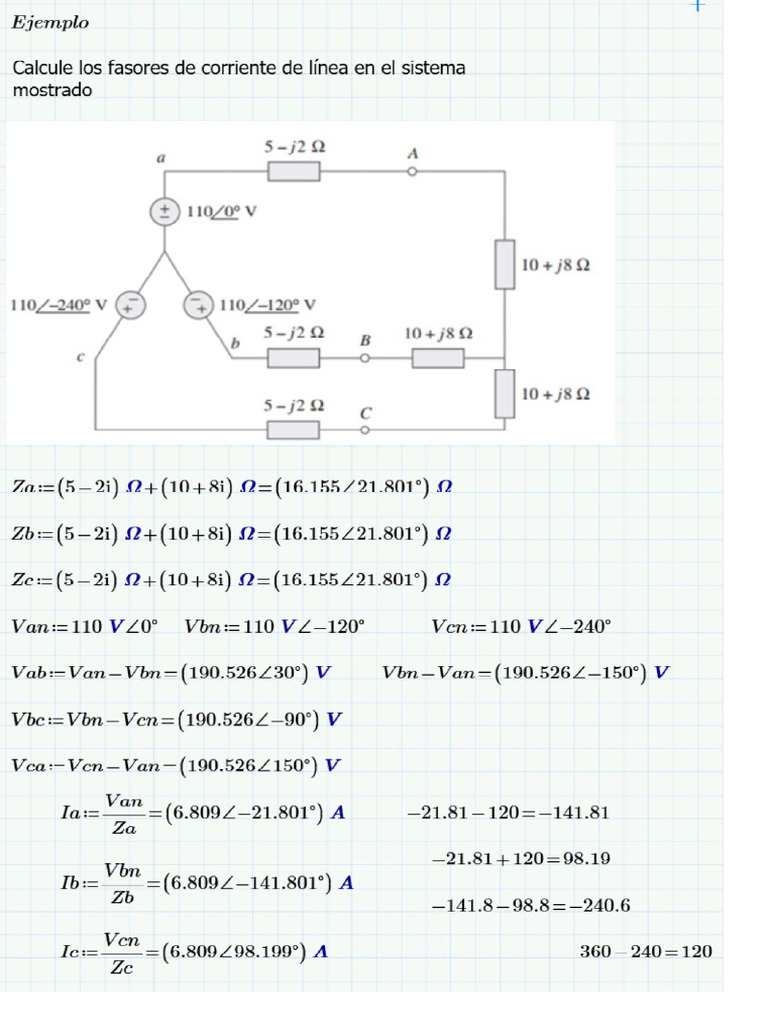 Calculo de voltajes corriente en sistema trifasico estrella-estrella | PDF