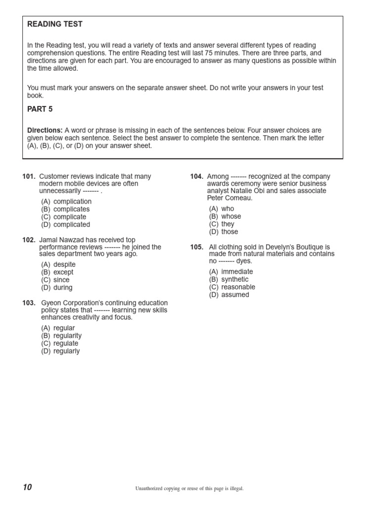 Reading Test Instructions & Sample Questions | PDF | Reading ...