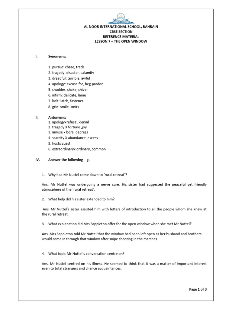 CBSE Lesson 7: The Open Window | PDF | Language Arts & Discipline | Art
