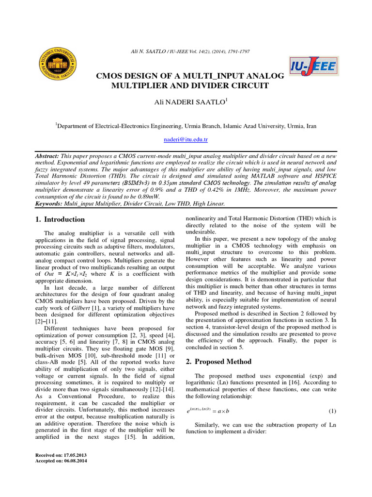 Cmos Design of A Multi - Input Analog Multiplier and Divider Circuit (#117087) - 99305 | PDF ...