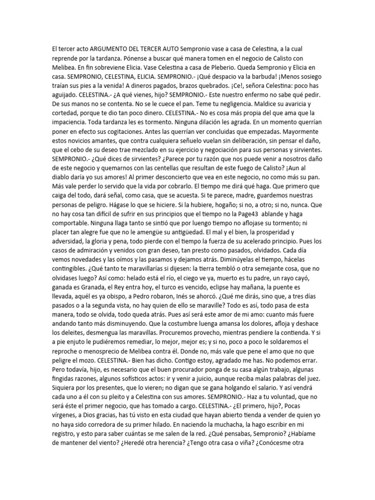 El Tercer Acto ARGUMENTO DEL TERCER AUTO Sempronio Vase A Casa de Celestina | PDF | Arte | Poesía