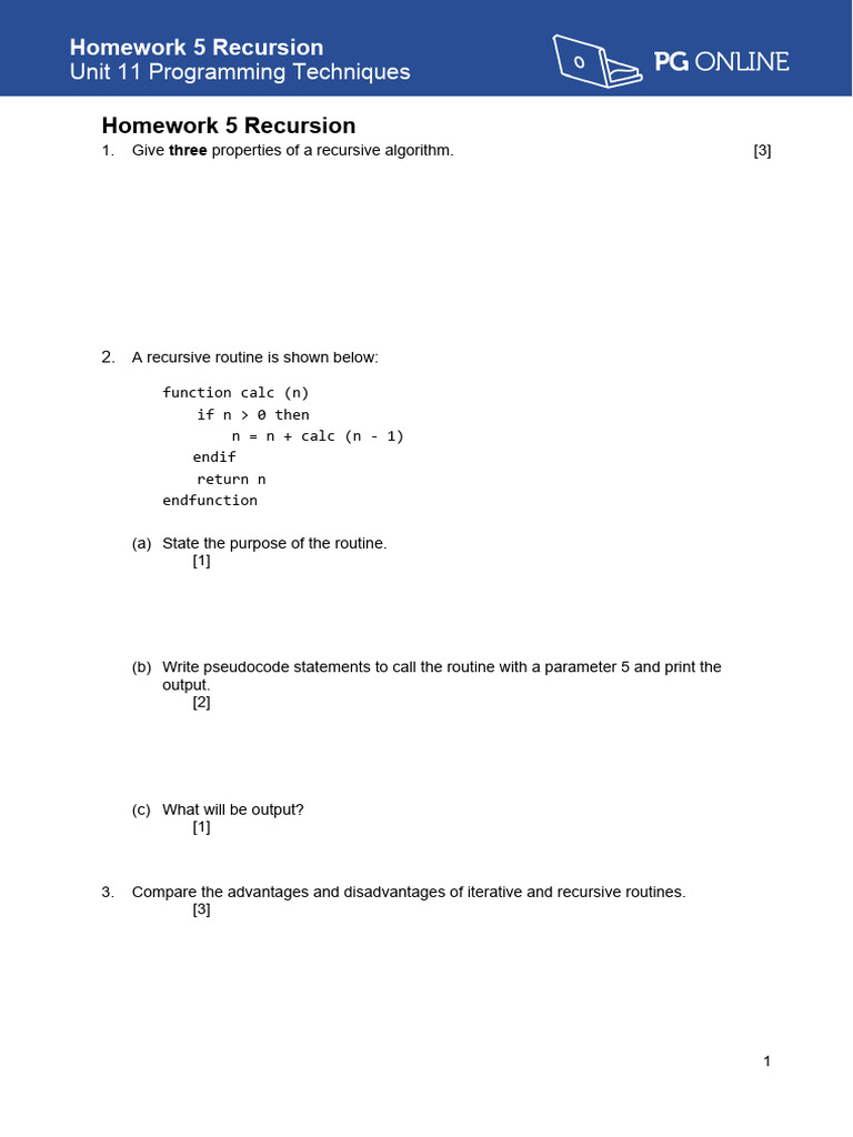 Programming Techniques Homework 5 Recursion Pdf Computing Computer Science 