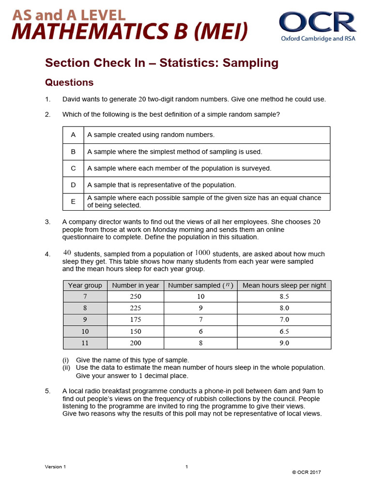 Section Check in Statistics Sampling | PDF | Sampling (Statistics) | Mean