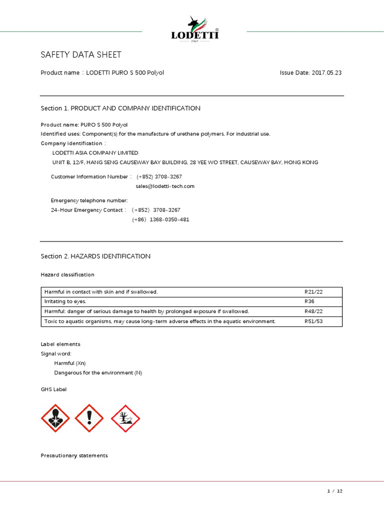PURO S 500-Polyol - MSDS - EN | PDF | Toxicity | Water