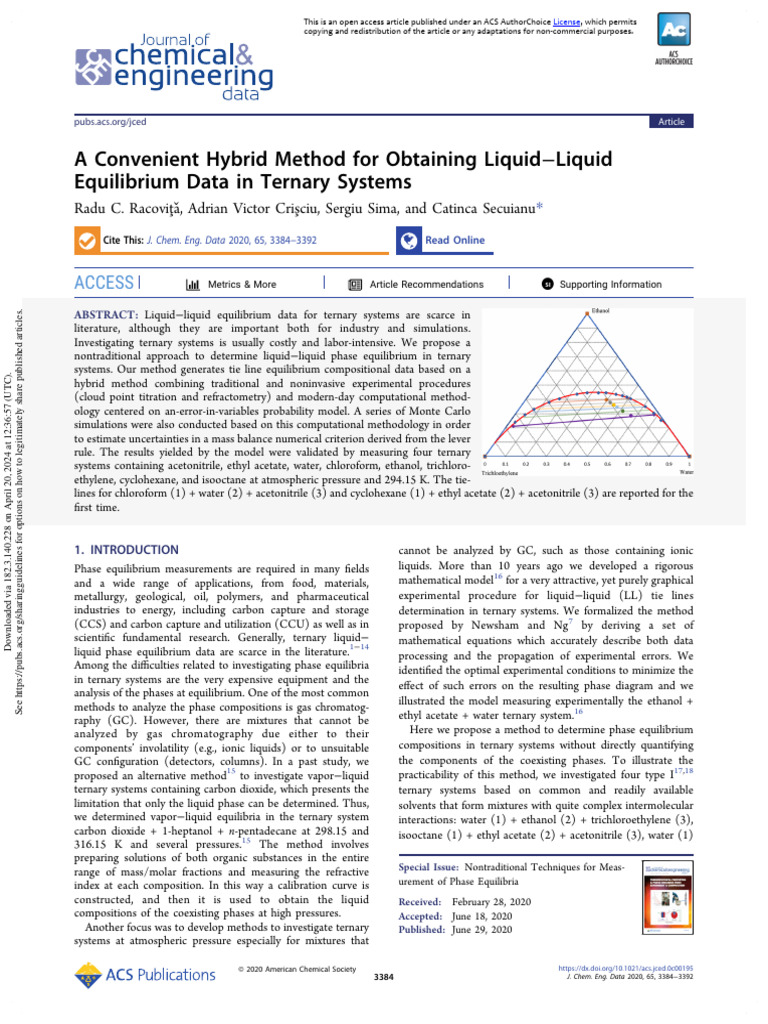 Racoviţǎ Et Al 2020 A Convenient Hybrid Method For Obtaining Liquid Liquid Equilibrium Data in ...