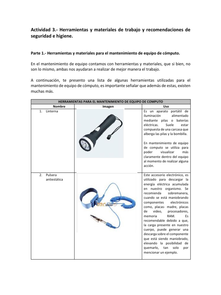 Actividad 3.- Herramientas y materiales de trabajo y recomendaciones de seguridad e higiene ...