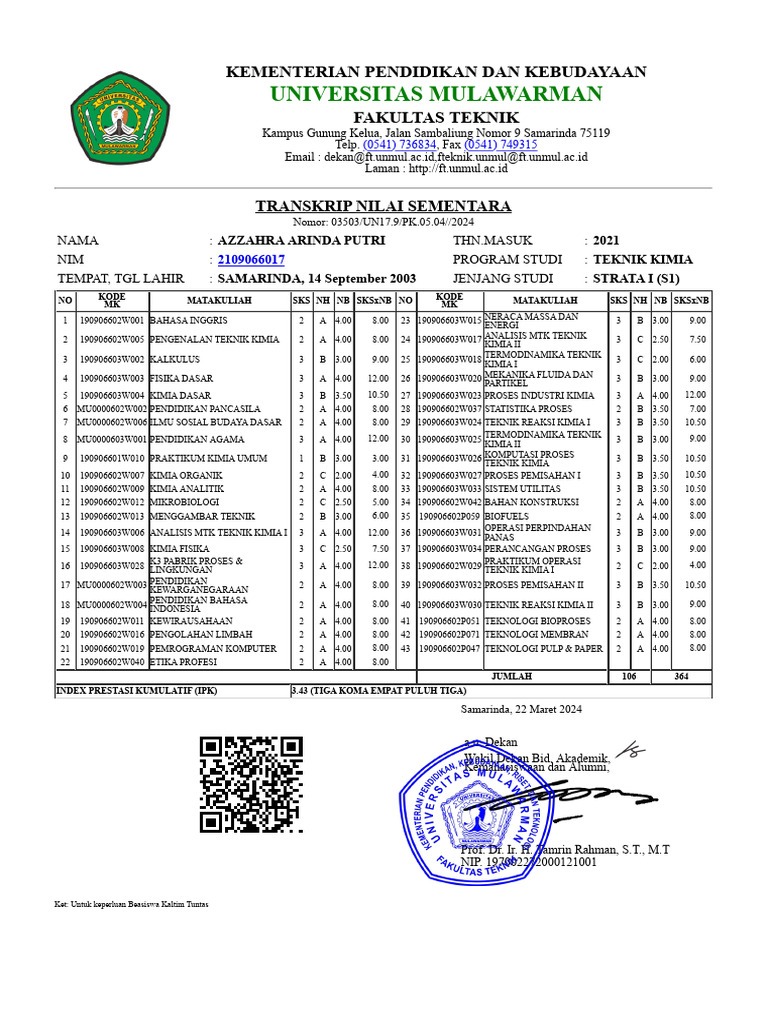 Transkrip Nilai Azzahra Arinda Putri | PDF | Technology & Engineering
