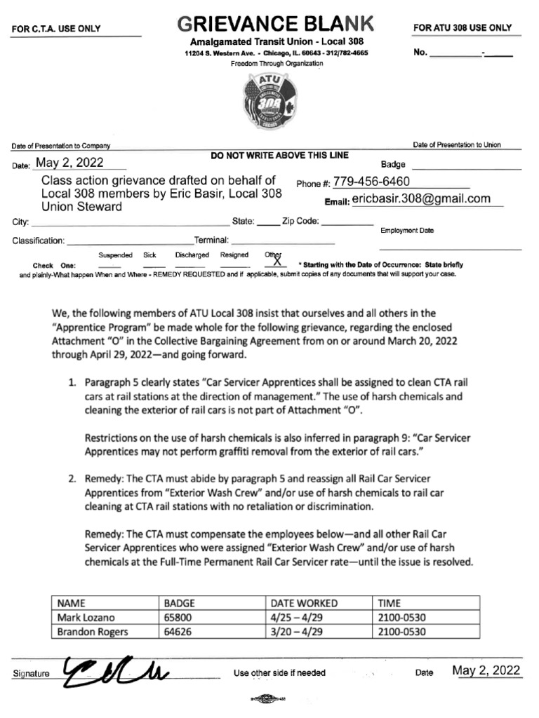 SCP "Apprentice" Exterior Wash Class Action Grievance | PDF