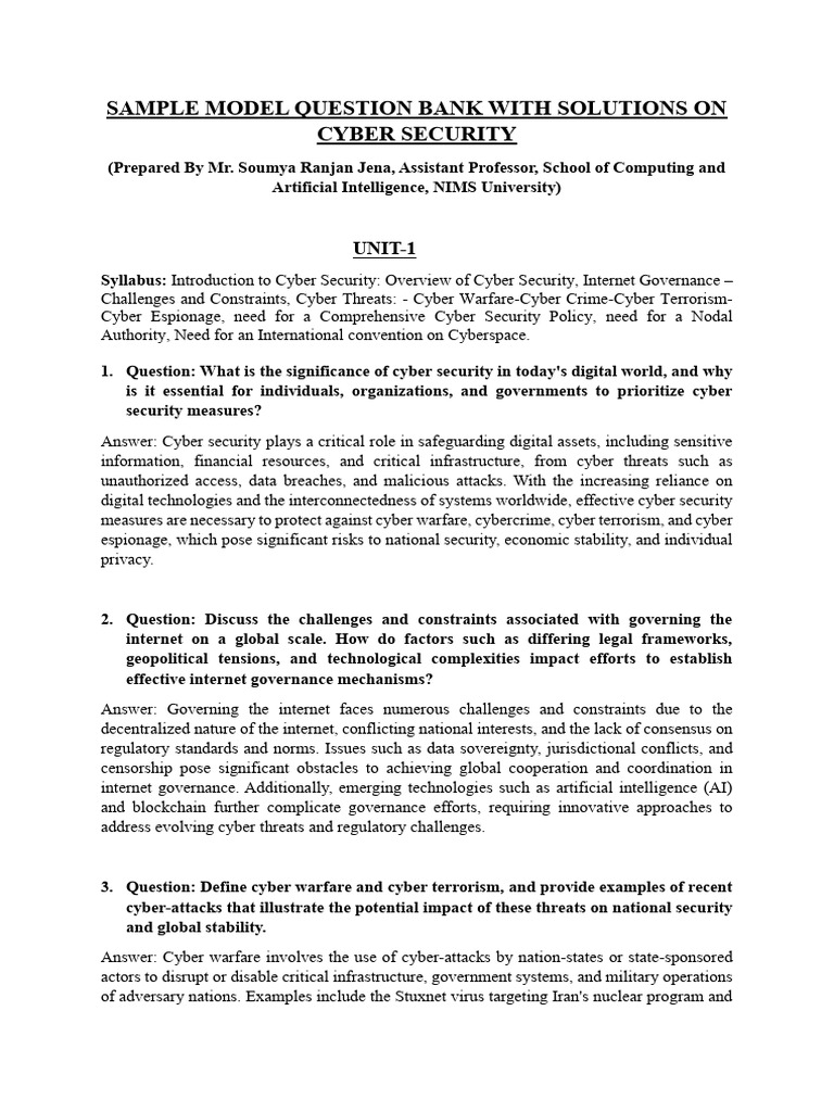 Question Bank With Solutions On Cyber Security - Prepared by Mr. Soumya ...