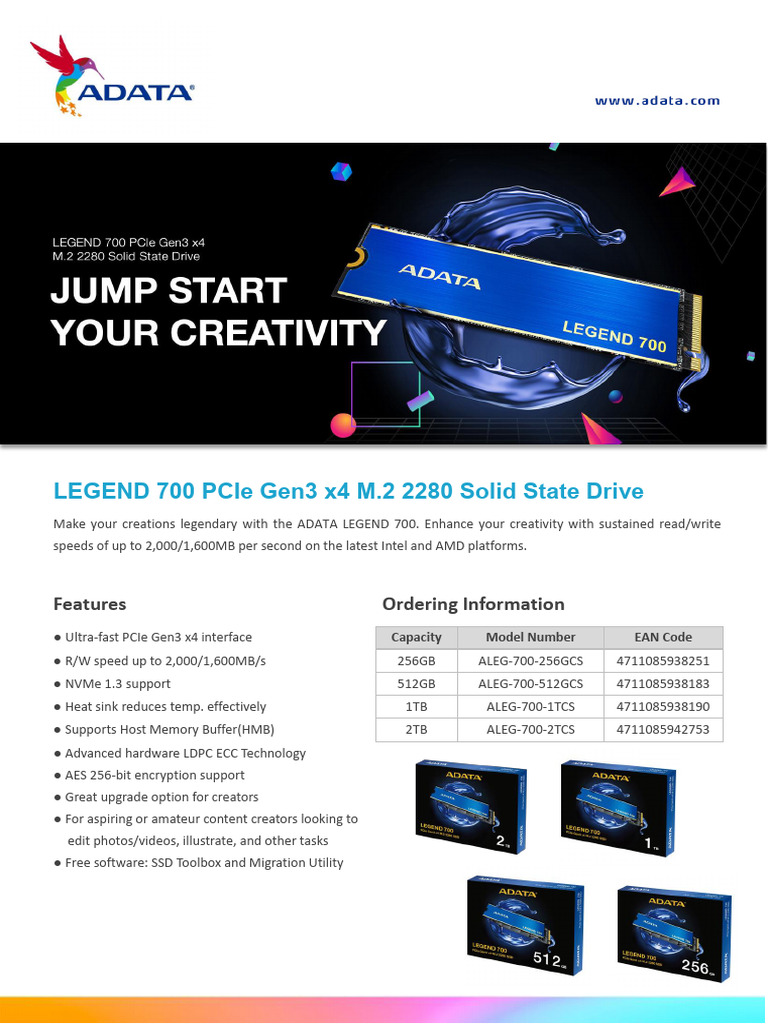 Datasheet Legend 700 Pcie Gen3 x4 m2 2280 SSD 20240304 | PDF | Solid State Drive | Flash Memory