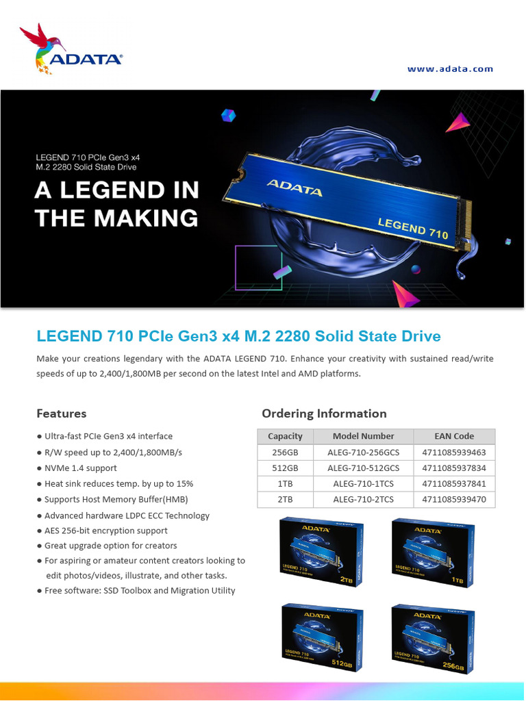 datasheet_legend_710_pcie_gen3_x4_m2_2280_ssd_20230215 | PDF | Solid State Drive | Flash Memory