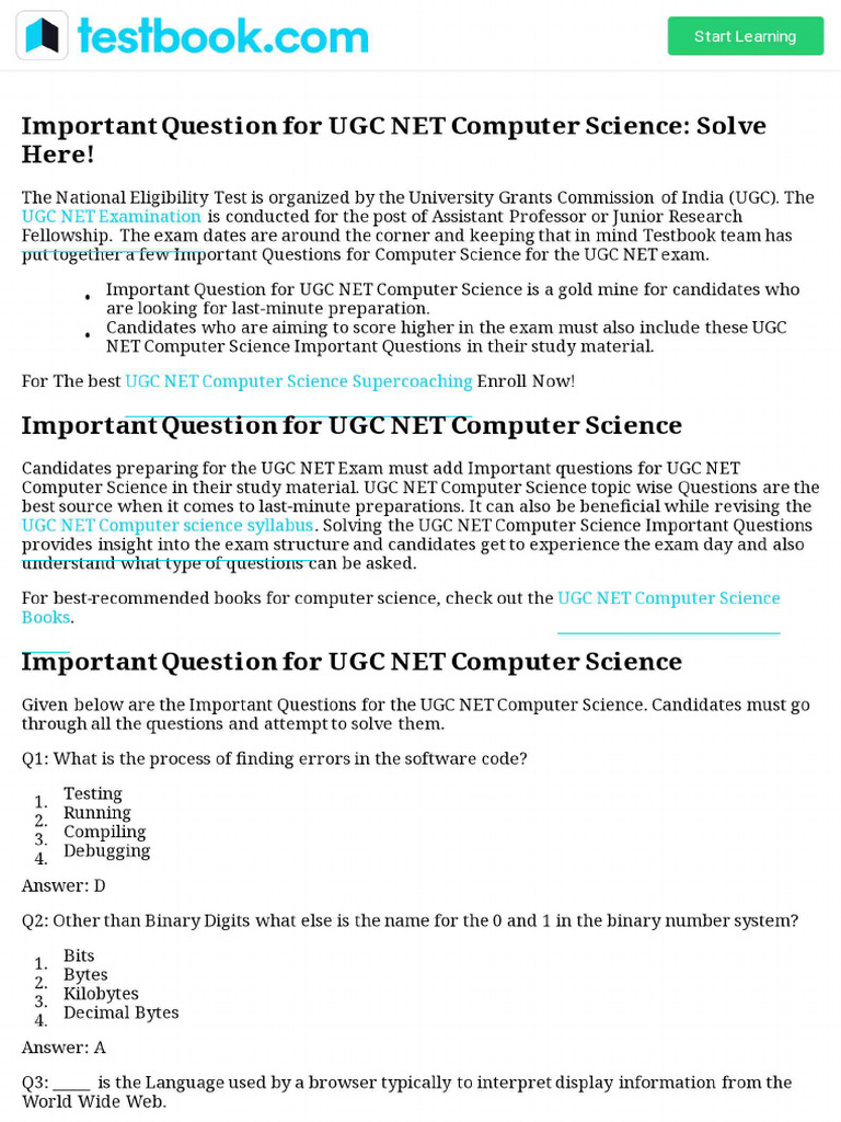 Important Question For UGC NET Computer Science - Solve Here! | PDF
