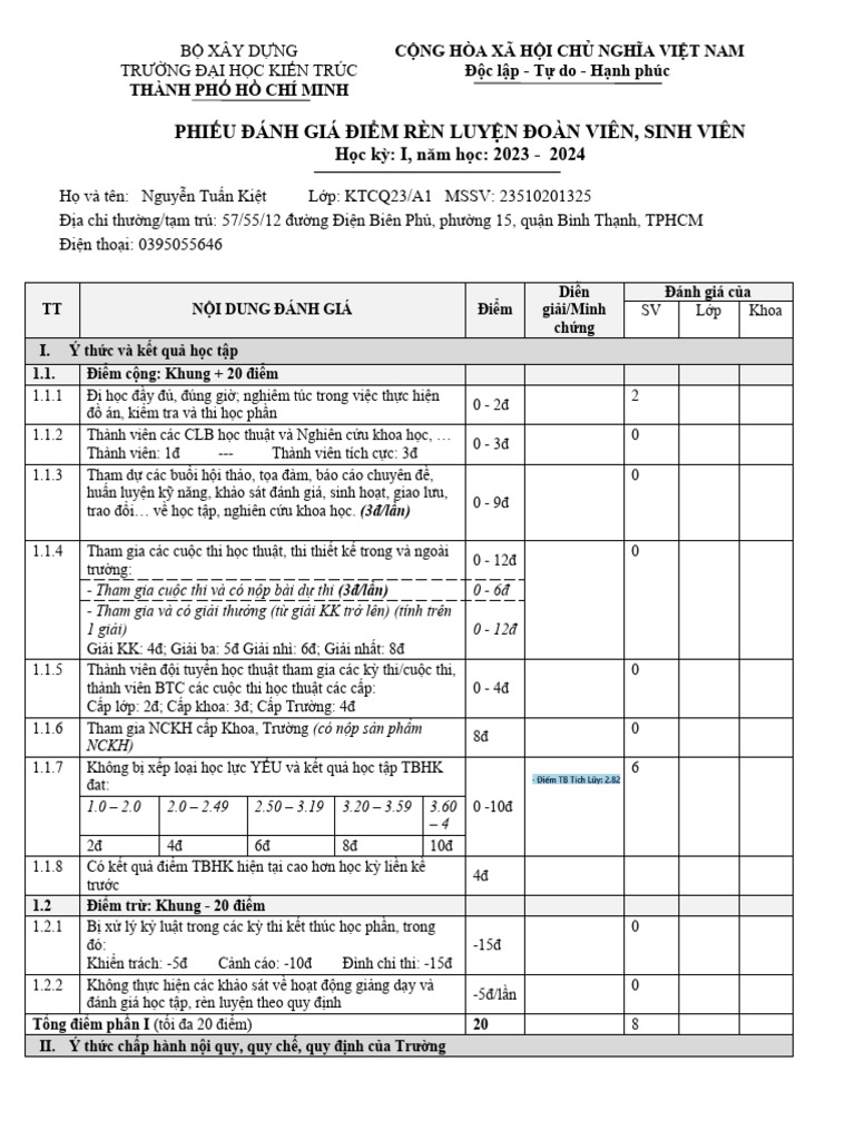 (m1) - Phieu Diem Ren Luyen | PDF