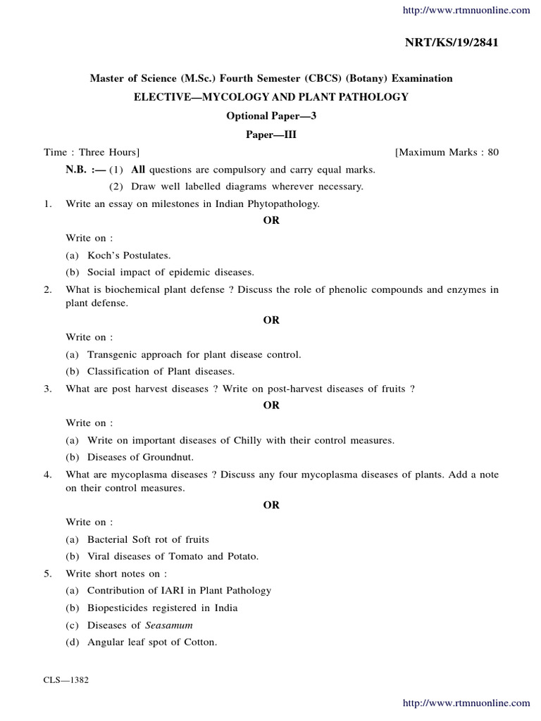 MSC 4 Sem Botany Mycology and Plant Pathology 2841 Summer 2019 | PDF ...