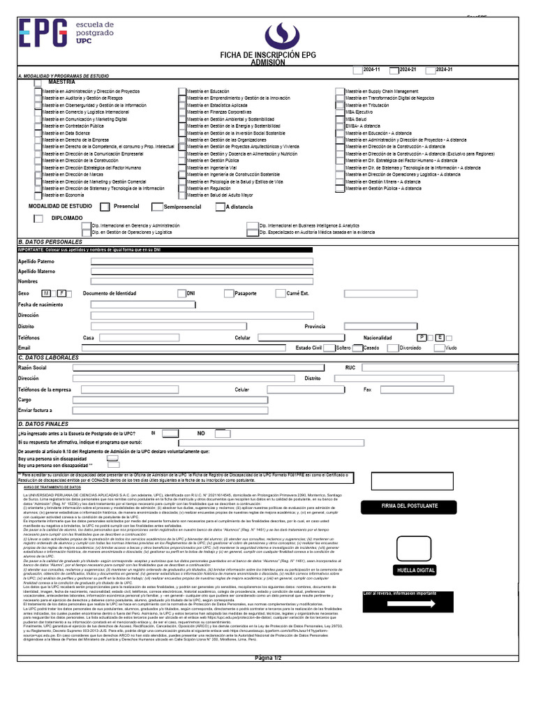 Ficha de Inscripcion Epg_ma_dg 2024_v02052023 _ Final | PDF | Documento de identidad | Tarjeta ...