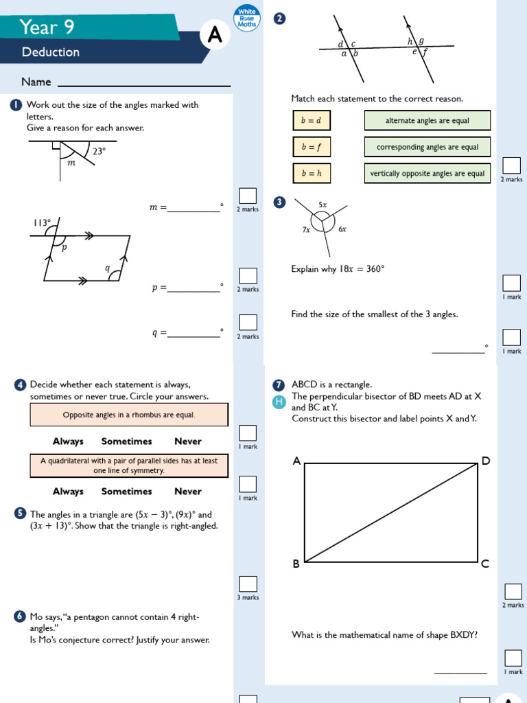 WRM Y9 Spring b4 Deduction Assessment A | PDF | Geometric Shapes | Classical Geometry