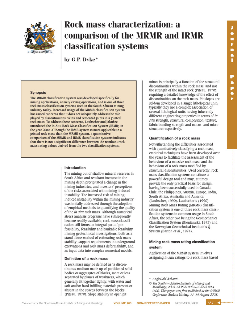 RockMassComparison MRMR X IRMR Dike | PDF | Rock (Geology) | Mining