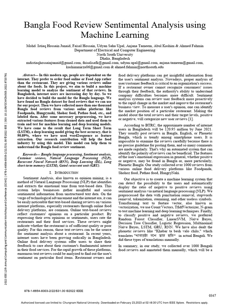 Bangla Food Review Sentimental Analysis Using Machine Learning | PDF | Machine Learning | Deep ...