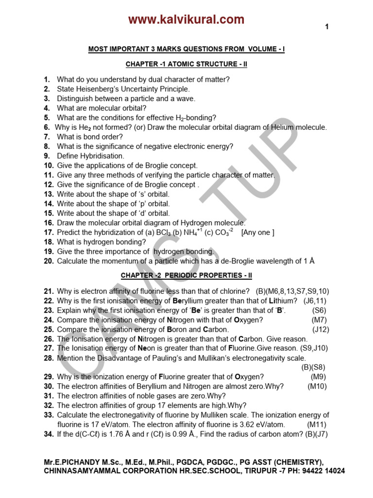 Chemistry 3marks Volume 1and 2 | PDF | Atomic Orbital | Chemical Equilibrium