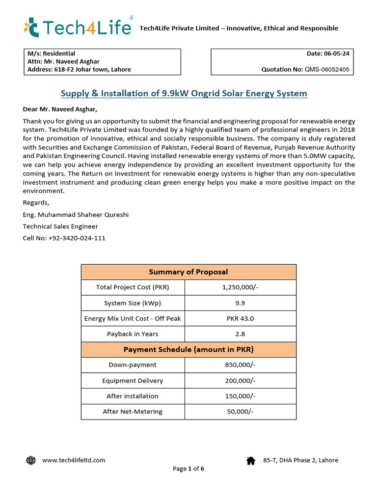 Mr. Naveed Asghar 618-F2 Johar Town With 10 KW Ongrid Proposal | PDF | Photovoltaic System ...
