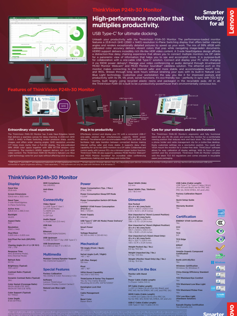ThinkVision P24h-30 Datasheet EN | PDF | Computer Monitor | Usb