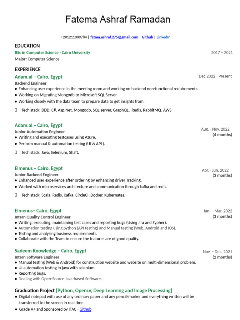 Fatema Ashraf Ramadan: Backend Engineer CV | PDF | Selenium (Software ...