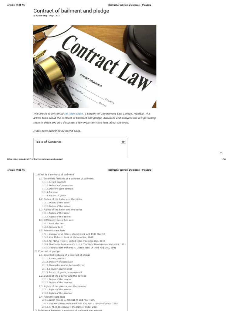 Contract of Bailment and Pledge - Ipleaders | PDF | Negligence | Legal Liability