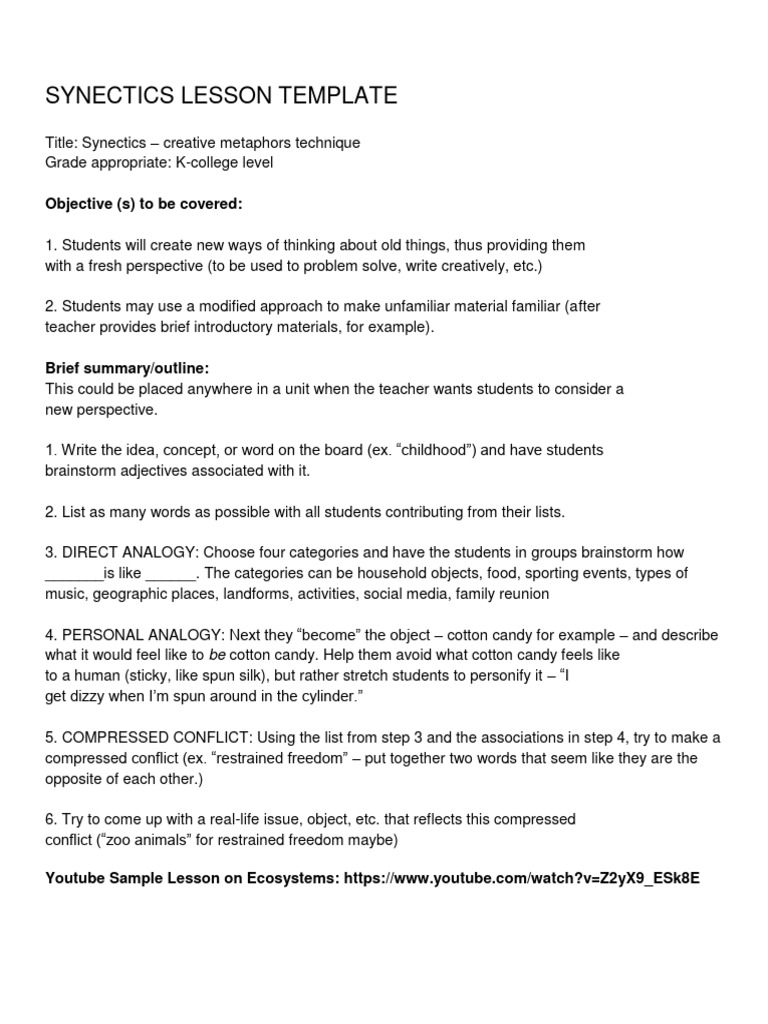 Synectics Lesson Template | PDF | Science & Mathematics