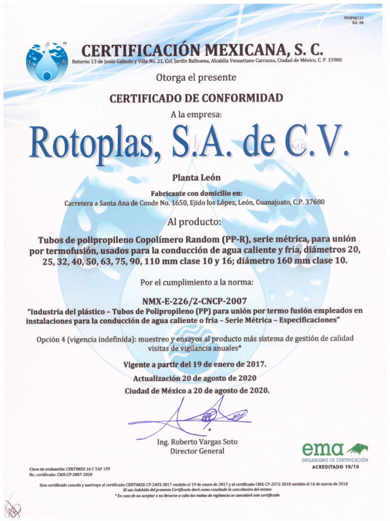 Certificado de Calidad Polipropileno | PDF