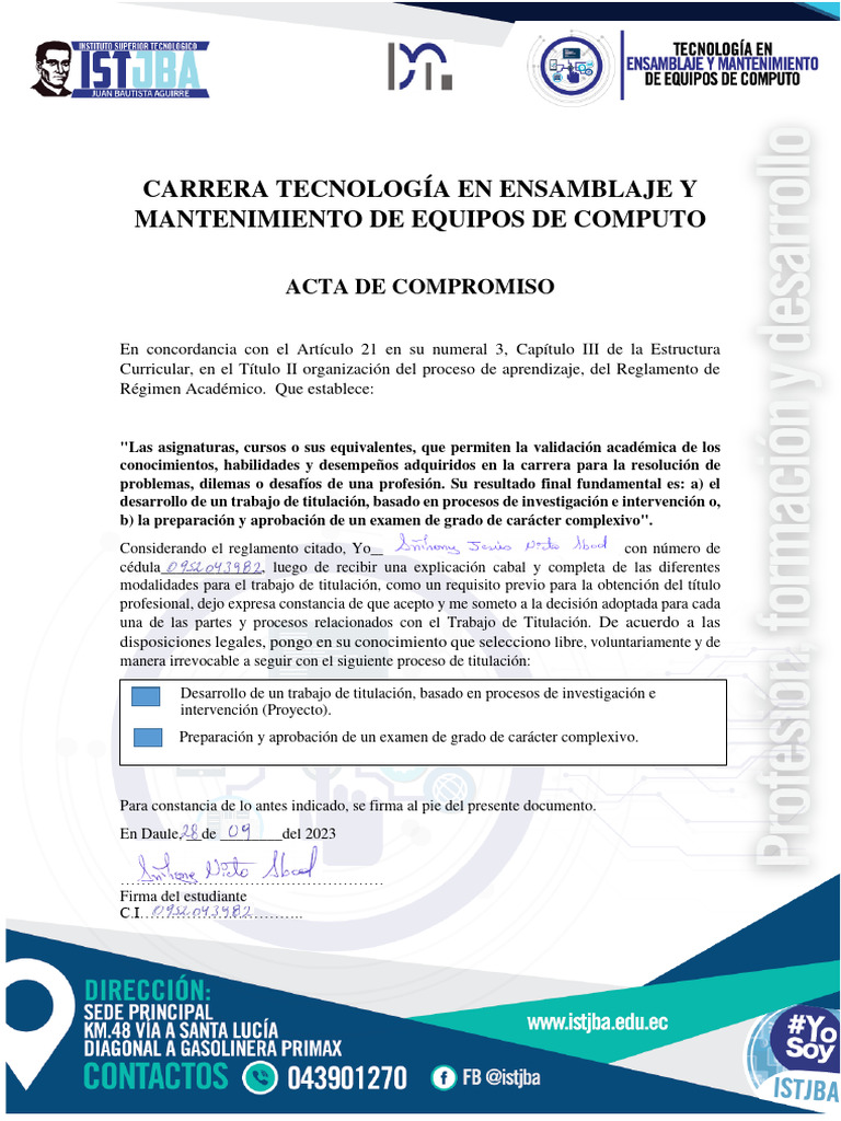 Acta de Compromiso Modalidad de Titulación Estudiante_TEMEC | PDF