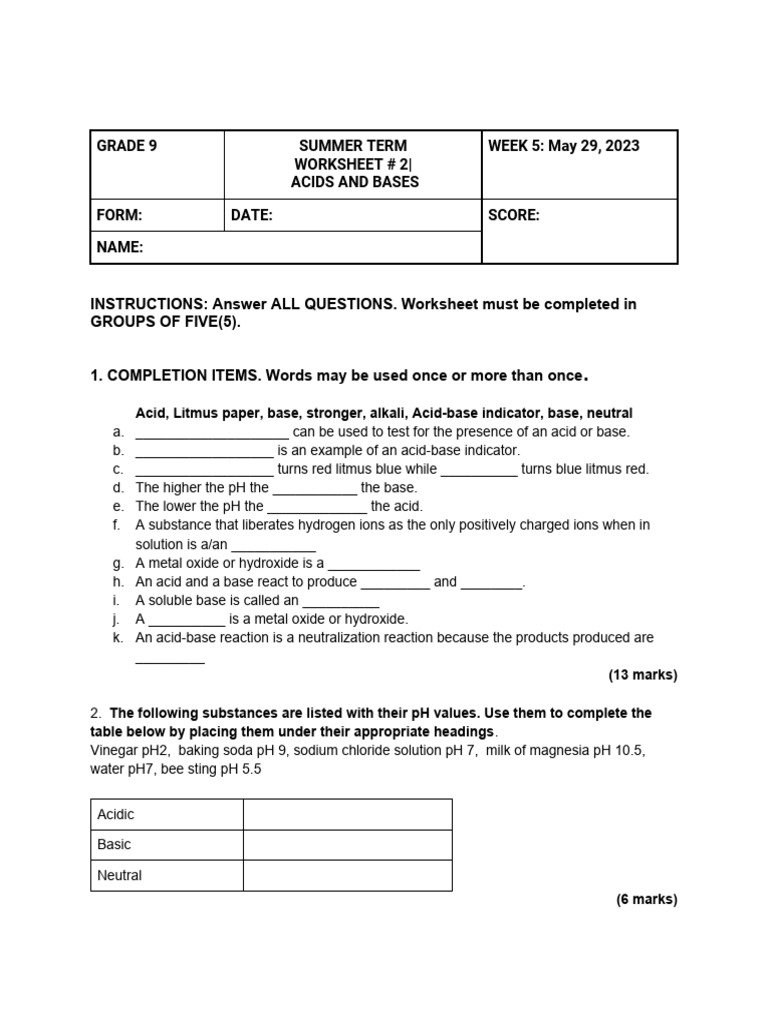 GRADE 9 WORKSHEET ACIDS | PDF | Acid | Ph