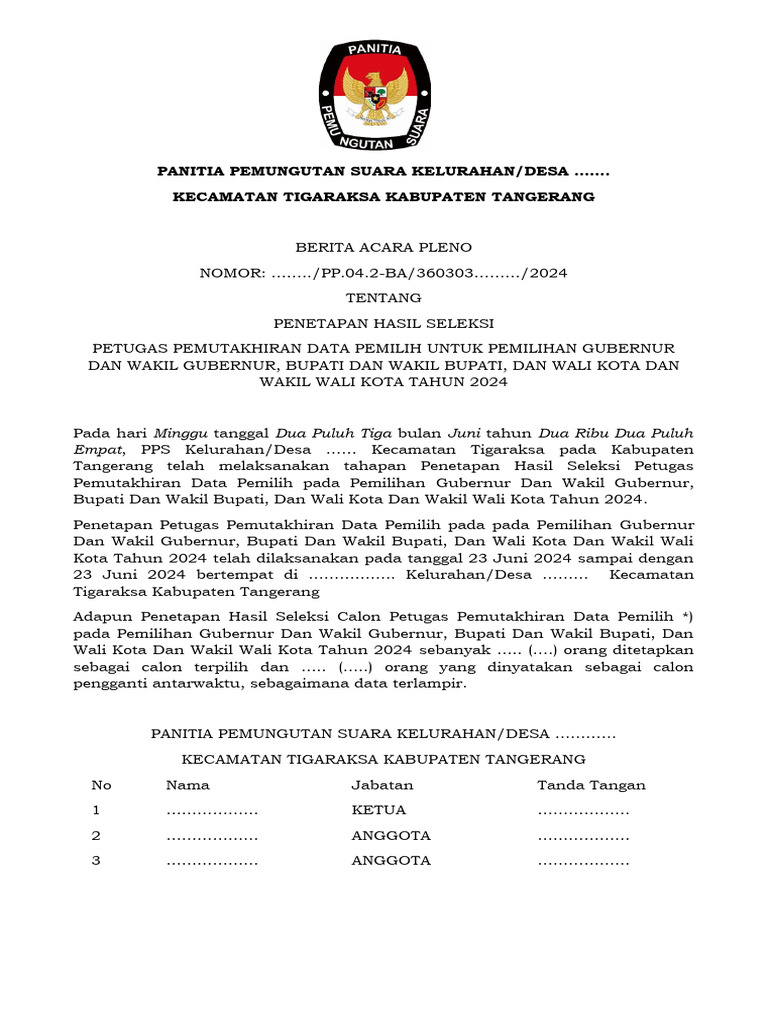 Berita Acara Penetapan Pantarlih 2024 | PDF