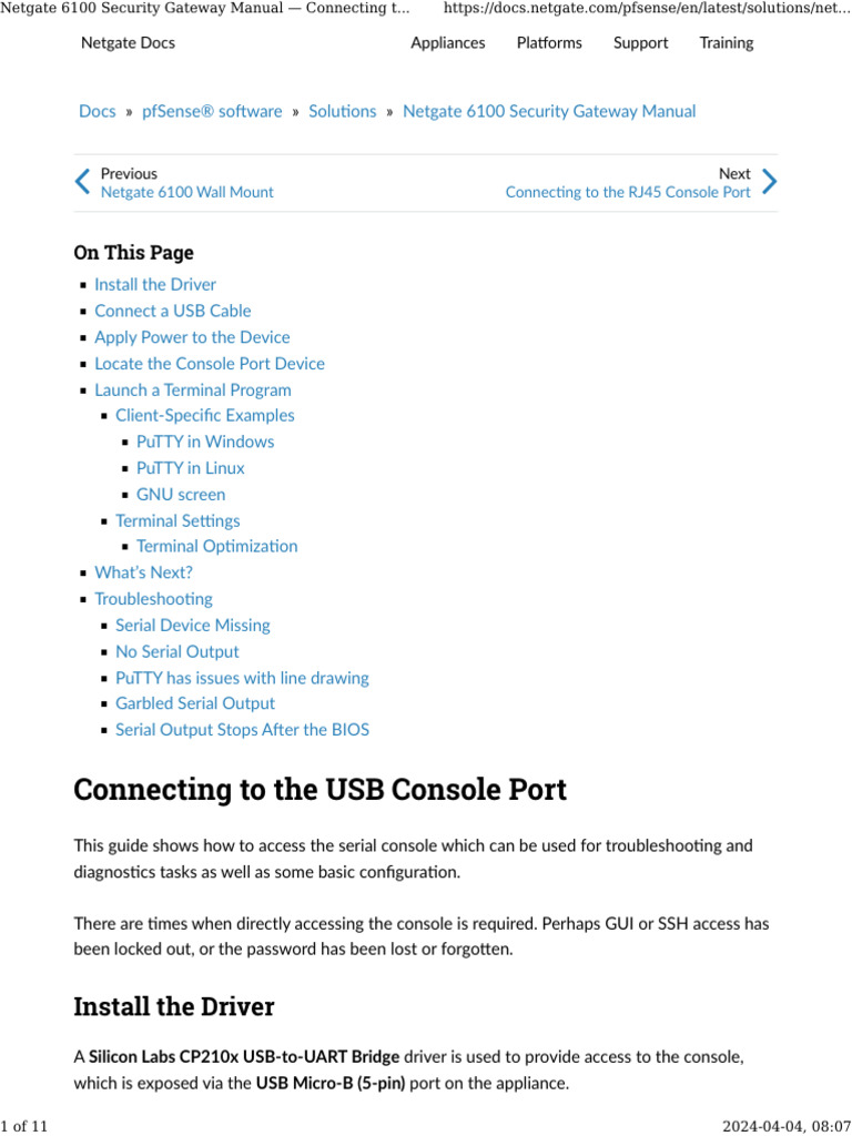 Netgate 6100 Security Gateway Manual — Connecting to the USB Console Port Netgate Documentation ...