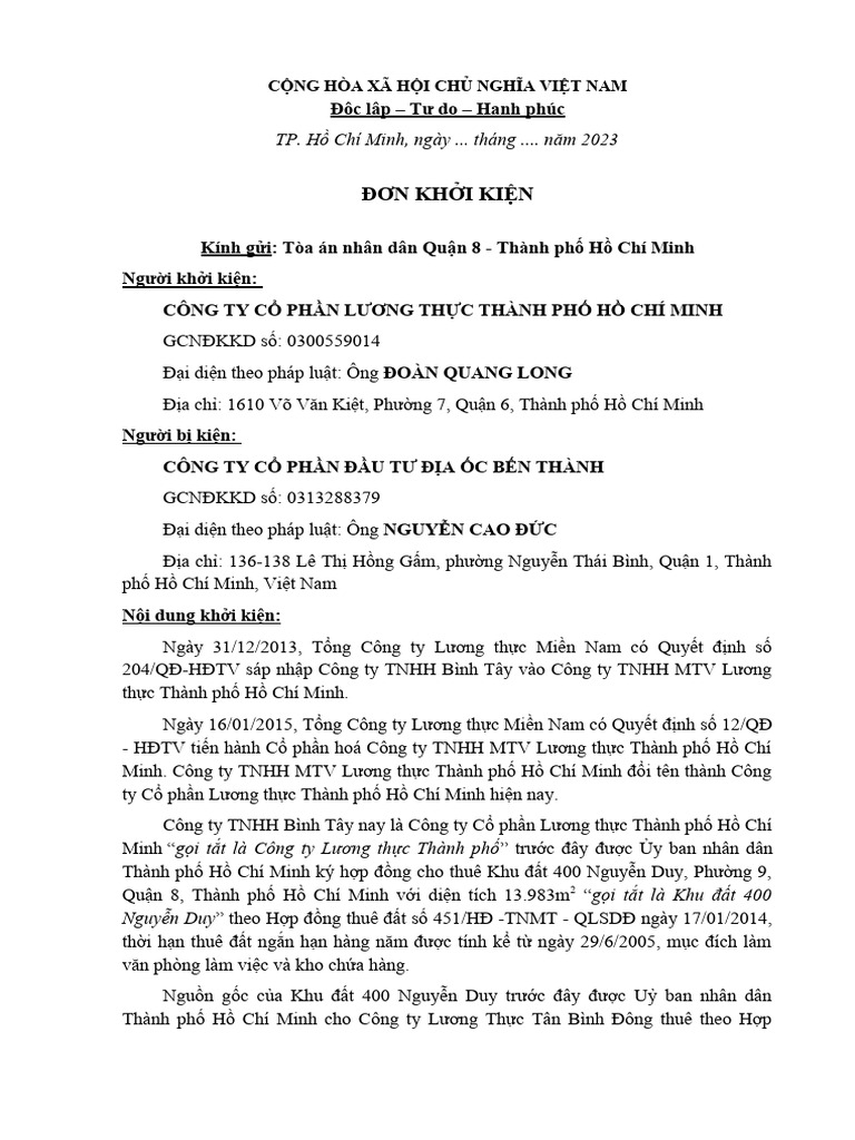 Du Thao Don Khoi Kien Cong Ty Luong Thuc Thanh Pho | PDF