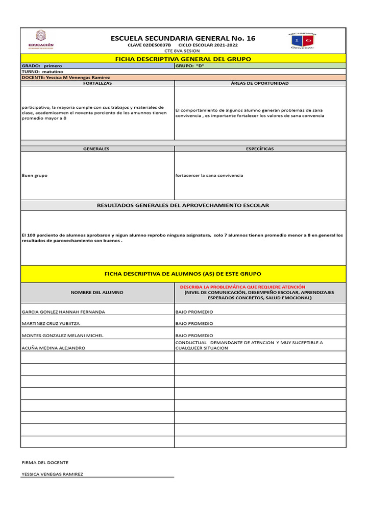 1ro. - D - FICHA DESCRIPTIVAS 21-22.xlsx - Ficha Descriptiva de Grupo | PDF