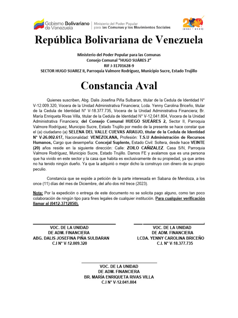 Carta Aval | PDF | Documento de identidad | Gobierno