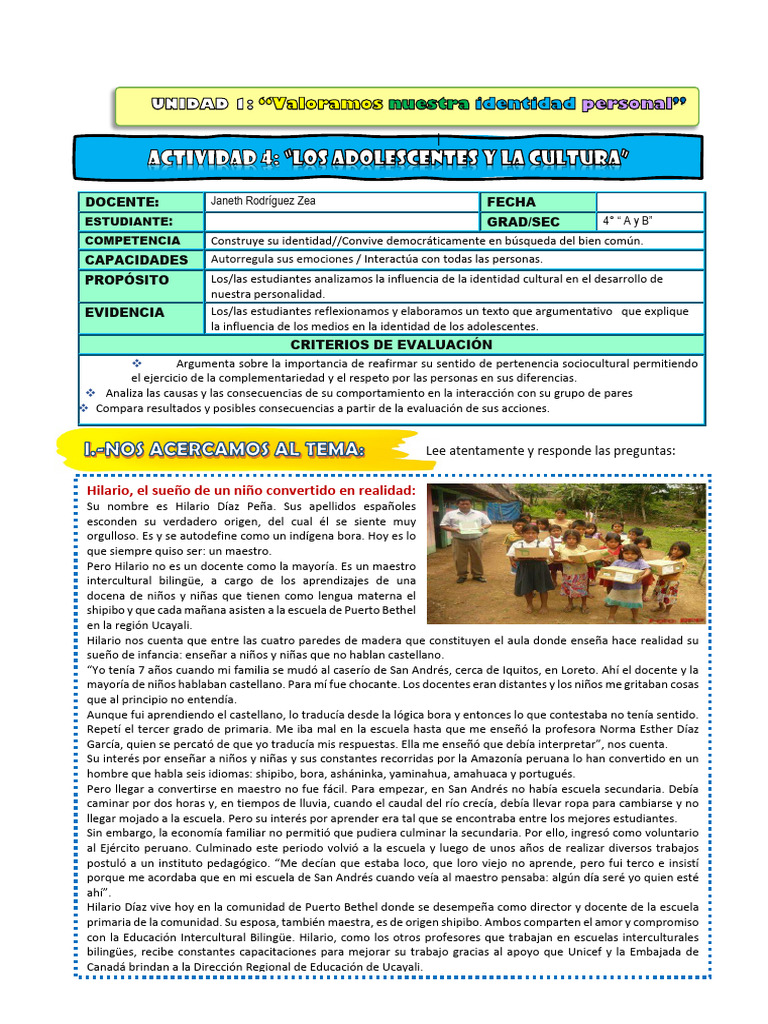 4° DPCC - Actv.04-Uni.1 2024 | PDF | Comportamiento | Adolescencia