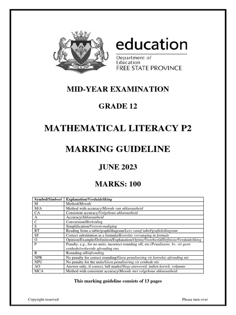 GRADE 12 MATHS LIT P2 JUNE EXAM 2023 Marking Guideline | Download Free PDF | Speed