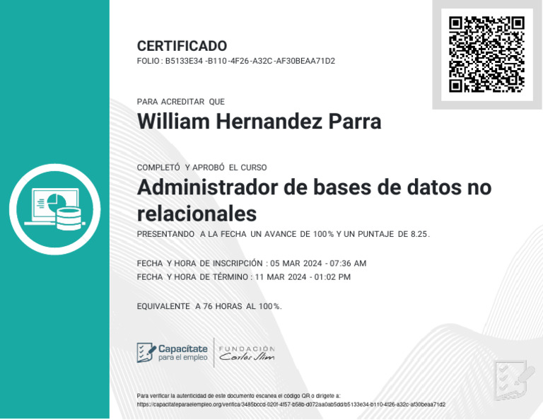 Certificado Administrador de Bases de Datos No Relacionales Fund Carlos Slim | PDF | Negocios ...