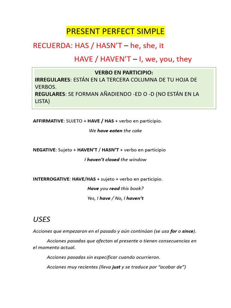 PRESENT PERFECT TEORIA | PDF | Morfología Lingüística | Gramática
