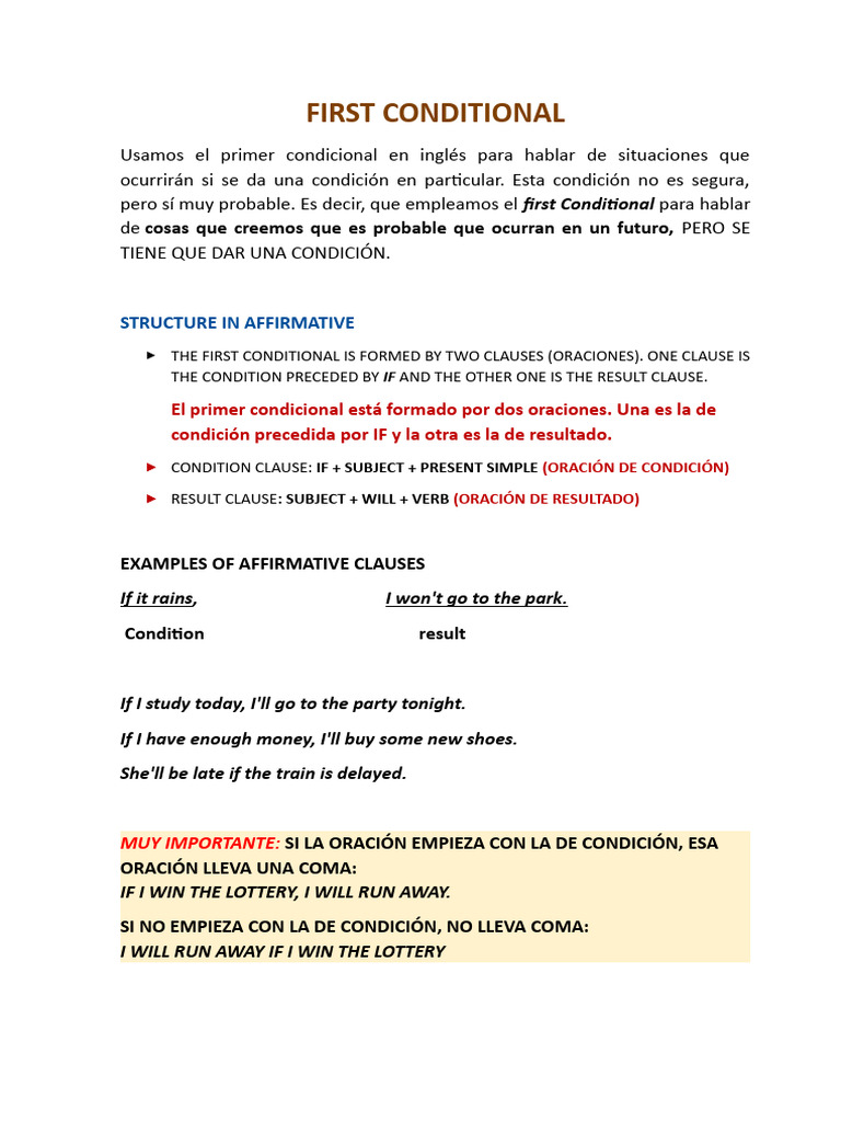 Primer Condicional en Inglés: Estructura y Ejemplos | PDF | Artes del ...