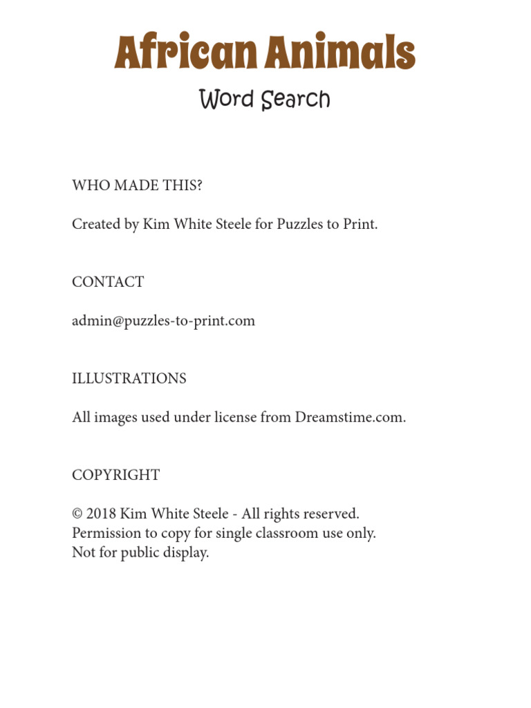 African Animals Word Search | PDF | Word Search | Business Law