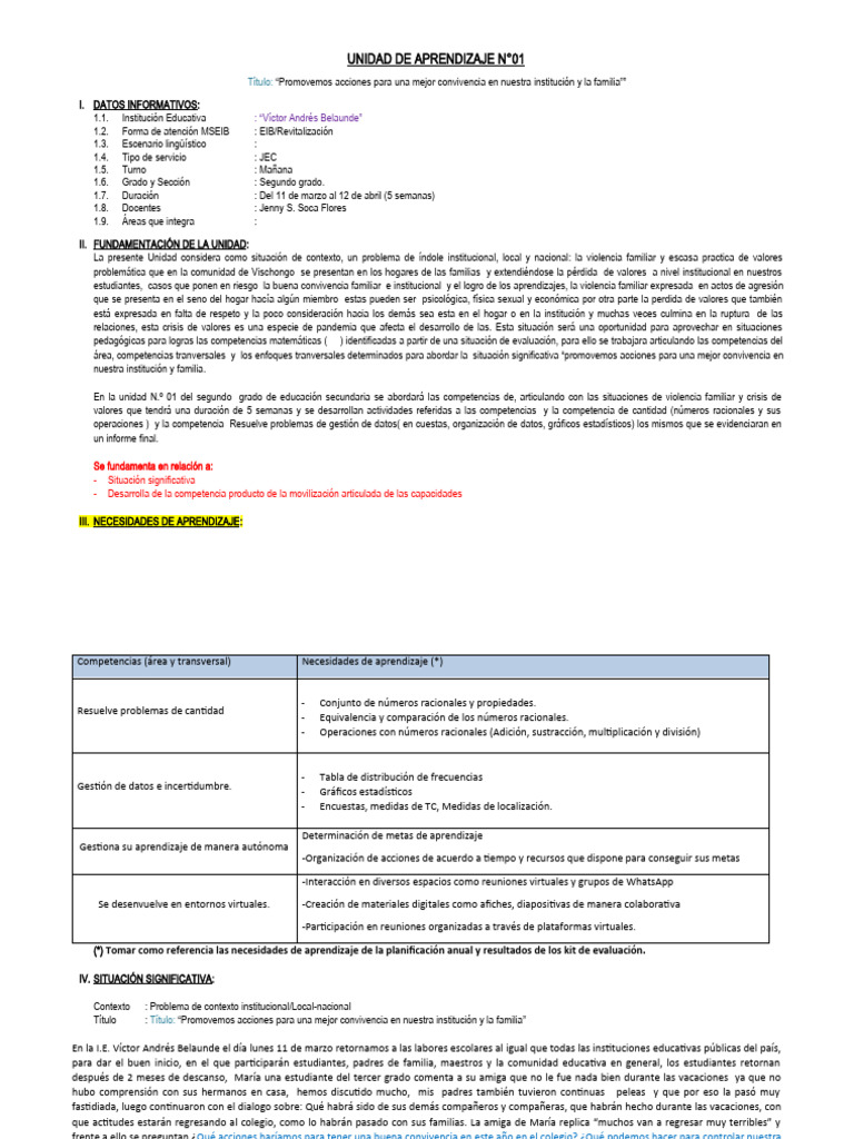Esquema U. de Arendizaje VAB N 01 | PDF | Números | Evaluación