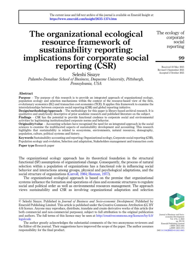 The Organizational Ecological Resource Framework of Sustainability ...
