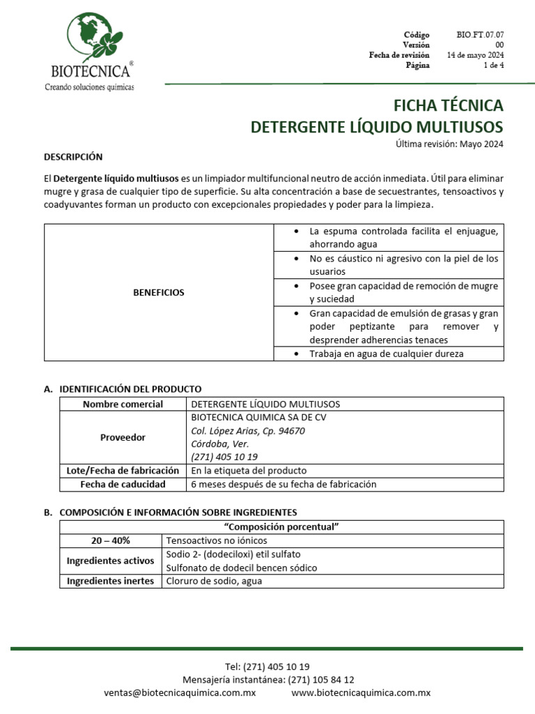 Ficha Tecnica Detergente Multiusos | PDF | Detergente | Tensioactivo