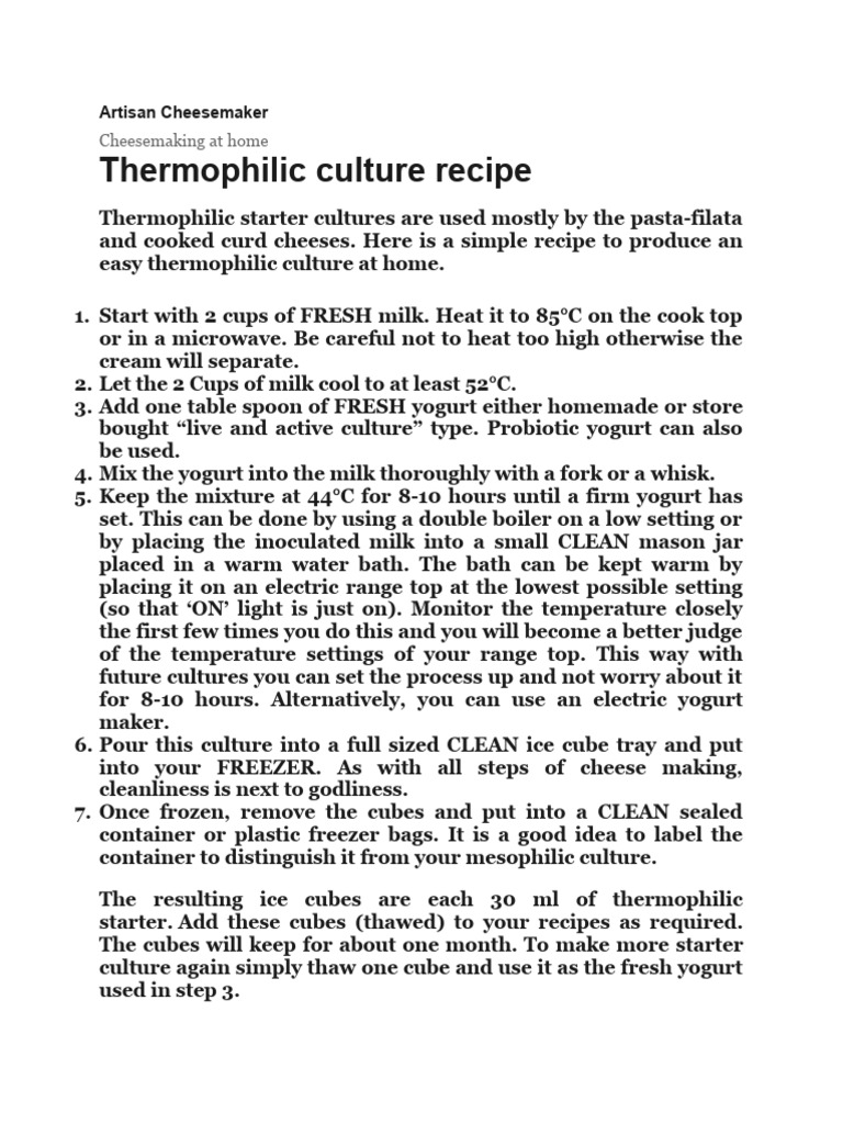 Homemade Thermophilic Culture Recipe | PDF | Cheesemaking | Yogurt