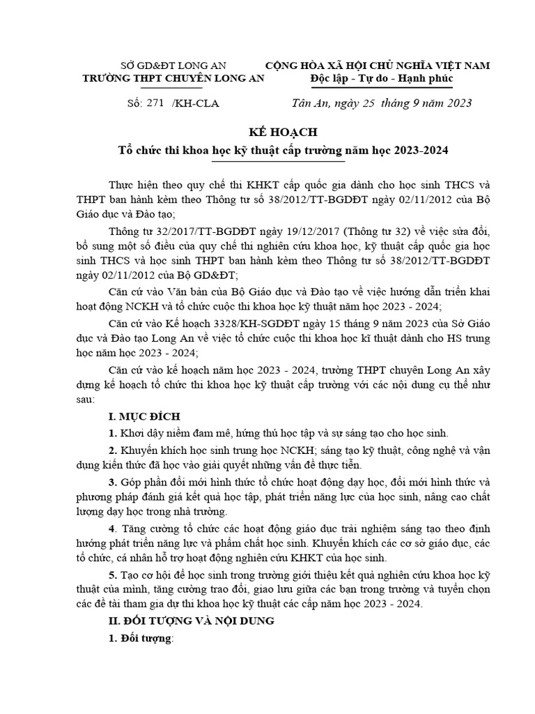 271 - KH-CLA - 25-09-2023 - KH thi KHKT cấp trường 23-24.signed | PDF