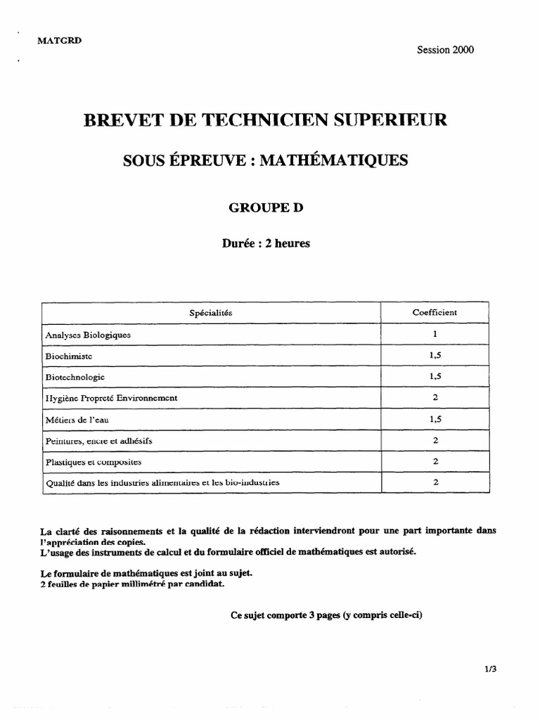 BTS Maths D 2000 | PDF