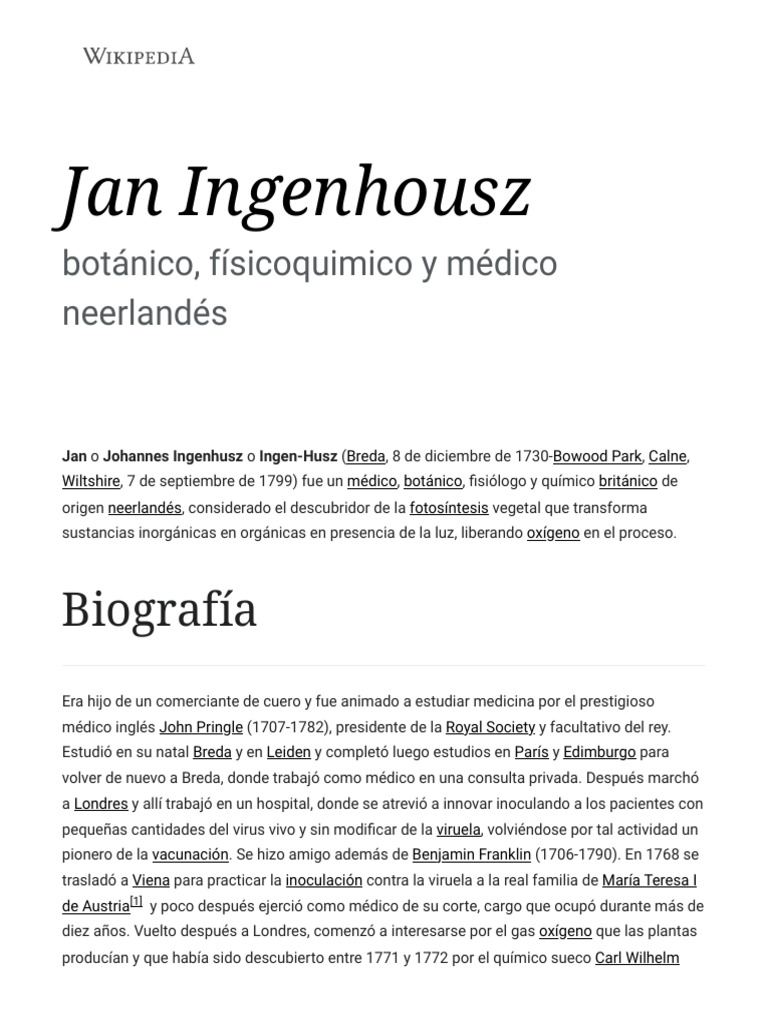 Jan Ingenhousz - Wikipedia, La Enciclopedia Libre | PDF | Ciencia y ...